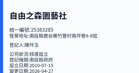 自由之森園藝社的照片-統編 25383285(南投縣) 公司登記資料與營業項目詳細圖表