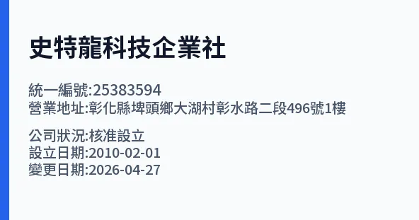史特龍科技企業社的照片-統編 25383594(彰化縣) 公司登記資料與營業項目詳細圖表