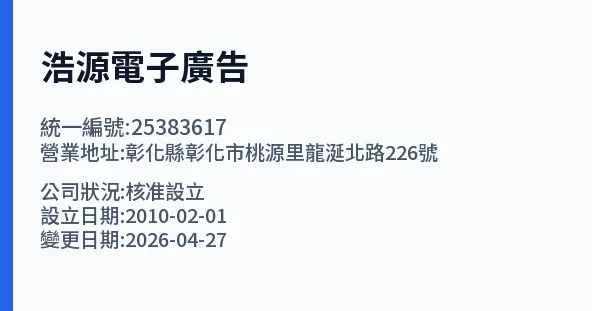 浩源電子廣告的照片-統編 25383617(彰化縣) 公司登記資料與營業項目詳細圖表