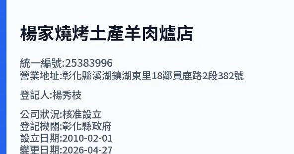 楊家燒烤土產羊肉爐店的照片-統編 25383996(彰化縣) 公司登記資料與營業項目詳細圖表
