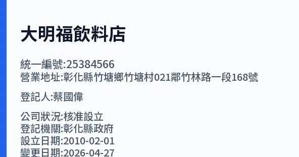 大明福飲料店的照片-統編 25384566(彰化縣) 公司登記資料與營業項目詳細圖表
