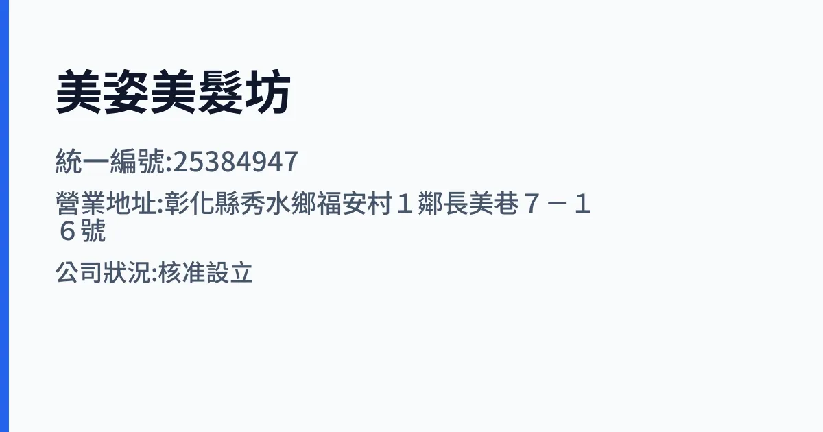 美姿美髮坊 - 統編 25384947(彰化縣) 公司登記資料與營業項目詳細圖表