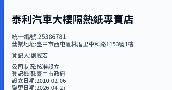 泰利汽車大樓隔熱紙專賣店的照片-統編 25386781(臺中市) 公司登記資料與營業項目詳細圖表