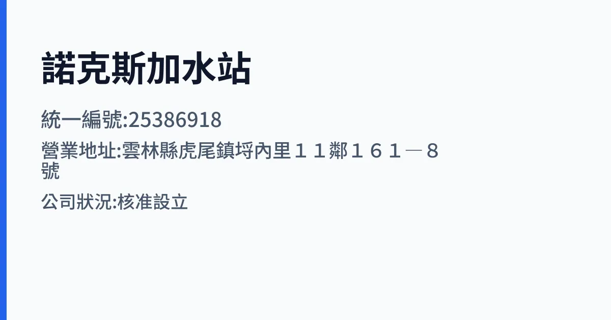 諾克斯加水站 - 統編 25386918(雲林縣) 公司登記資料與營業項目詳細圖表