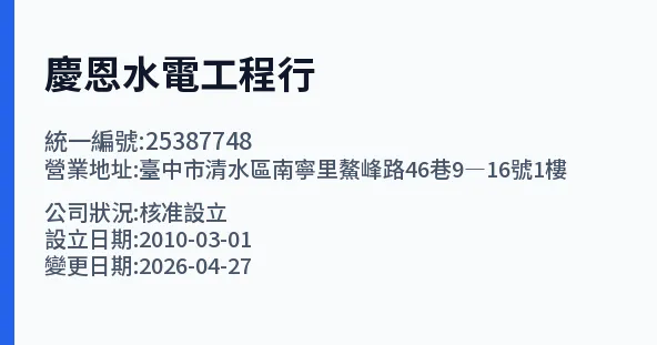 慶恩水電工程行的照片-統編 25387748(臺中市) 公司登記資料與營業項目詳細圖表