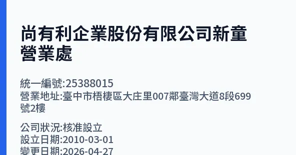 尚有利企業股份有限公司新童營業處的照片-統編 25388015(臺中市) 公司登記資料與營業項目詳細圖表