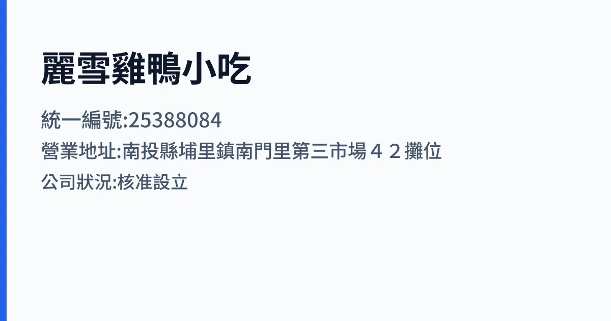 麗雪雞鴨小吃 - 統編 25388084(南投縣) 公司登記資料與營業項目詳細圖表