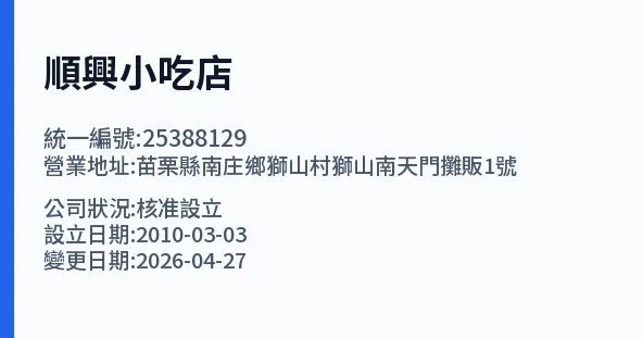 順興小吃店的照片-統編 25388129(苗栗縣) 公司登記資料與營業項目詳細圖表