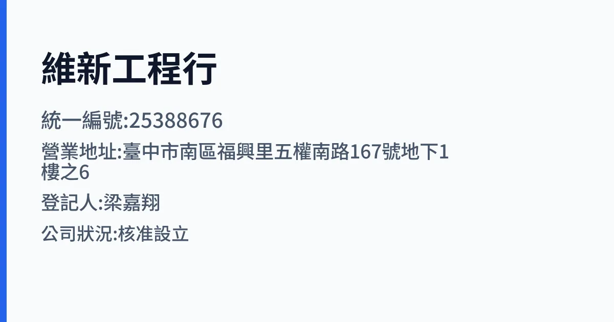 維新工程行 - 統編 25388676(臺中市) 公司登記資料與營業項目詳細圖表