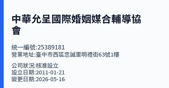 中華允呈國際婚姻媒合輔導協會的照片-統編 25389181(臺中市) 公司登記資料與營業項目詳細圖表