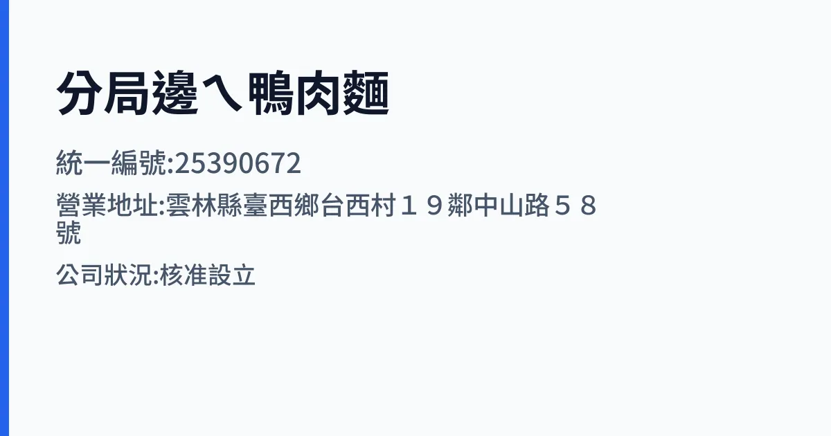 分局邊ㄟ鴨肉麵 - 統編 25390672(雲林縣) 公司登記資料與營業項目詳細圖表