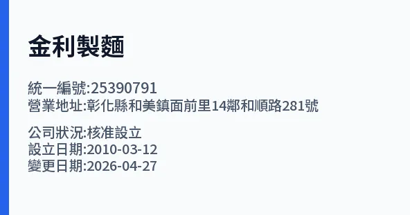 金利製麵的照片-統編 25390791(彰化縣) 公司登記資料與營業項目詳細圖表