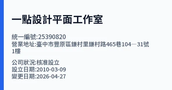 一點設計平面工作室的照片-統編 25390820(臺中市) 公司登記資料與營業項目詳細圖表