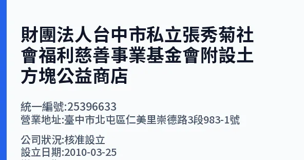 財團法人台中市私立張秀菊社會福利慈善事業基金會附設土方塊公益商店的照片-統編 25396633(臺中市) 公司登記資料與營業項目詳細圖表