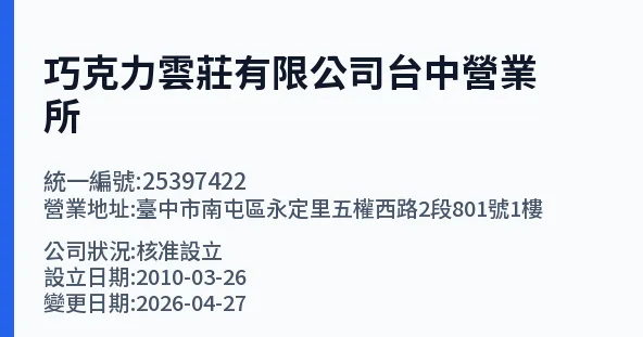 巧克力雲莊有限公司台中營業所的照片-統編 25397422(臺中市) 公司登記資料與營業項目詳細圖表