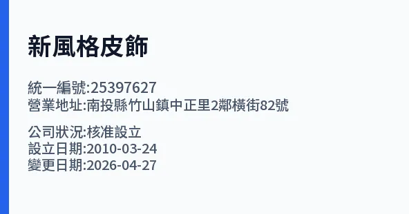 新風格皮飾的照片-統編 25397627(南投縣) 公司登記資料與營業項目詳細圖表