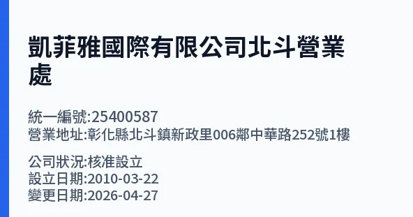 凱菲雅國際有限公司北斗營業處的照片-統編 25400587(彰化縣) 公司登記資料與營業項目詳細圖表