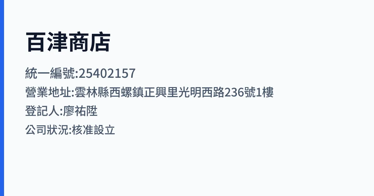 百津商店 - 統編 25402157(雲林縣) 公司登記資料與營業項目詳細圖表