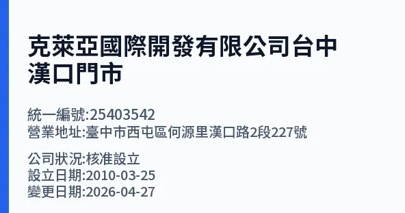 克萊亞國際開發有限公司台中漢口門市的照片-統編 25403542(臺中市) 公司登記資料與營業項目詳細圖表