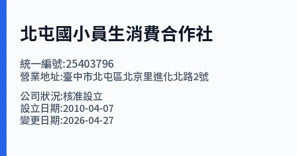 北屯國小員生消費合作社的照片-統編 25403796(臺中市) 公司登記資料與營業項目詳細圖表