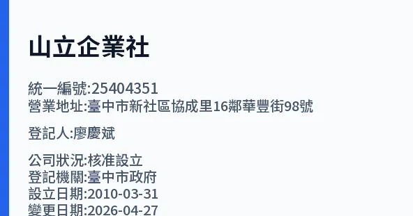 山立企業社的照片-統編 25404351(臺中市) 公司登記資料與營業項目詳細圖表