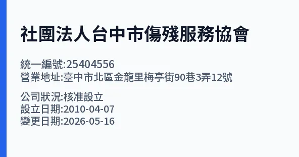 社團法人台中市傷殘服務協會的照片-統編 25404556(臺中市) 公司登記資料與營業項目詳細圖表