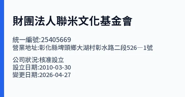 財團法人聯米文化基金會的照片-統編 25405669(彰化縣) 公司登記資料與營業項目詳細圖表