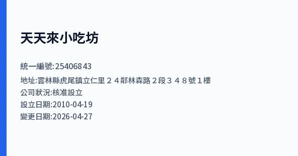 天天來小吃坊的照片-統編 25406843(雲林縣) 公司登記資料與營業項目詳細圖表
