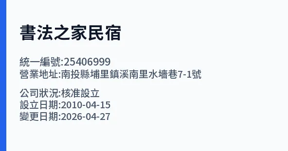 書法之家民宿的照片-統編 25406999(南投縣) 公司登記資料與營業項目詳細圖表
