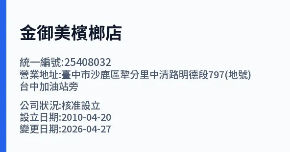 金御美檳榔店的照片-統編 25408032(臺中市) 公司登記資料與營業項目詳細圖表