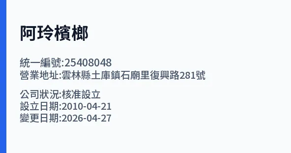 阿玲檳榔的照片-統編 25408048(雲林縣) 公司登記資料與營業項目詳細圖表