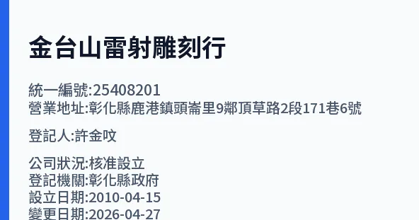 金台山雷射雕刻行的照片-統編 25408201(彰化縣) 公司登記資料與營業項目詳細圖表