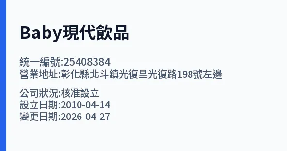 Baby現代飲品的照片-統編 25408384(彰化縣) 公司登記資料與營業項目詳細圖表