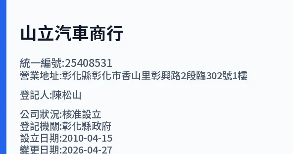 山立汽車商行的照片-統編 25408531(彰化縣) 公司登記資料與營業項目詳細圖表