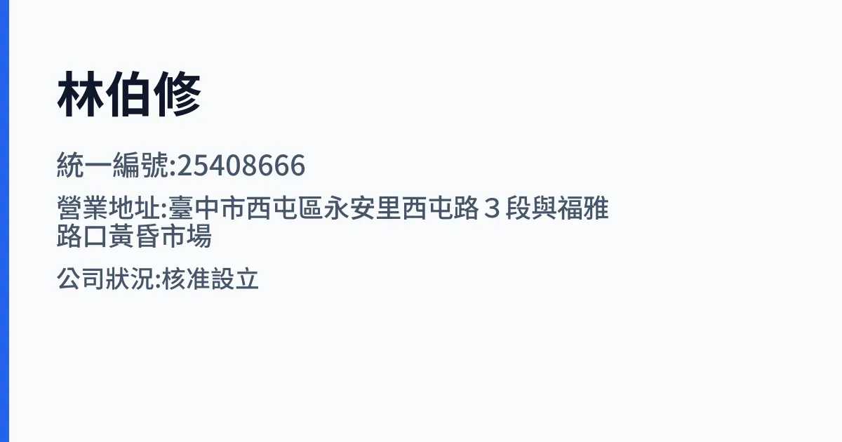 林伯修 - 統編 25408666(臺中市) 公司登記資料與營業項目詳細圖表