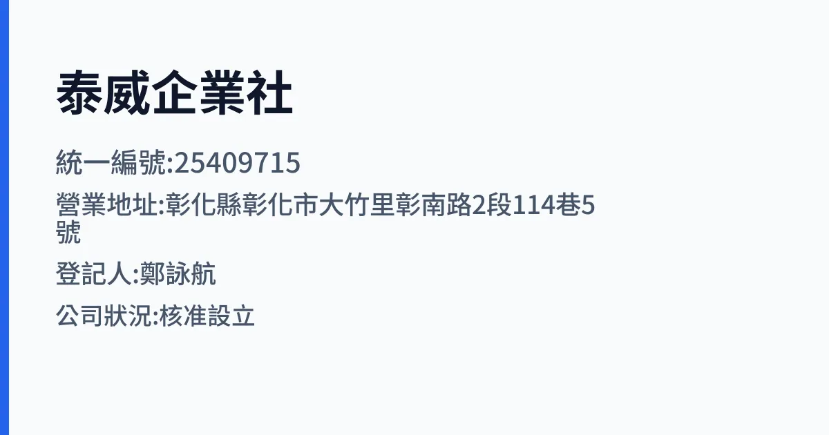 泰威企業社 - 統編 25409715(彰化縣) 公司登記資料與營業項目詳細圖表