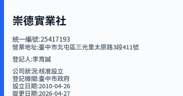 崇德實業社的照片-統編 25417193(臺中市) 公司登記資料與營業項目詳細圖表