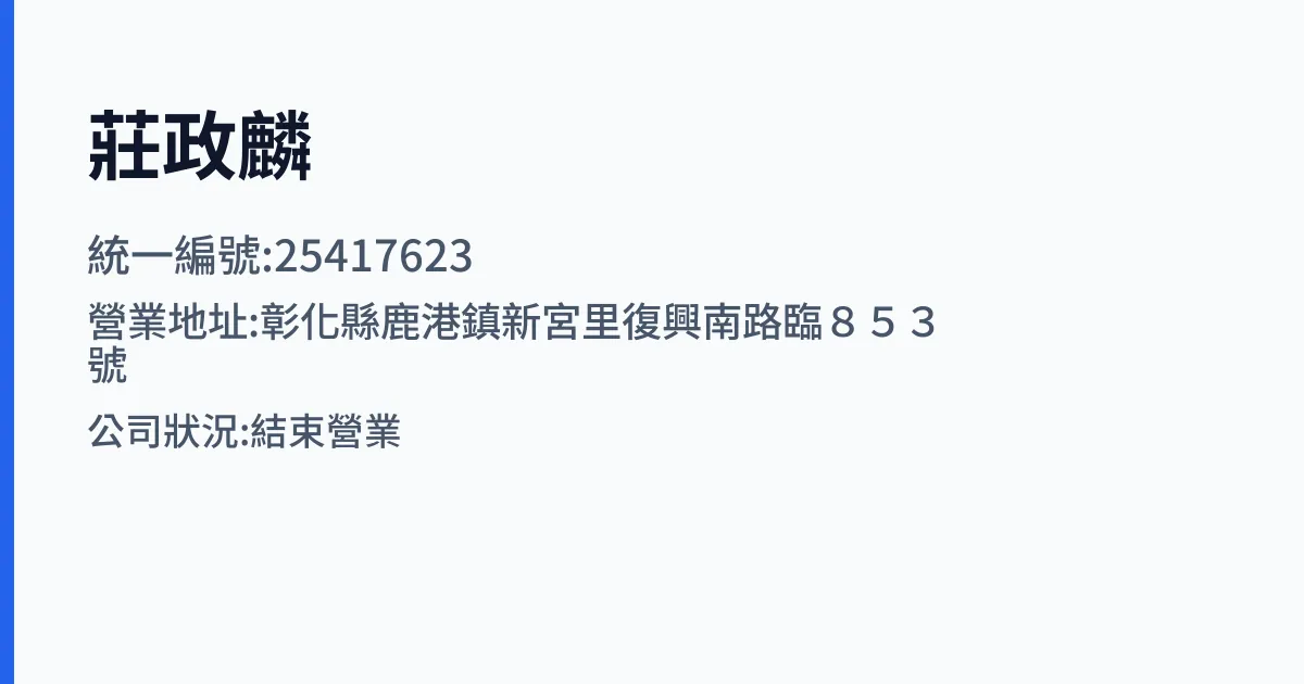 莊政麟 - 統編 25417623(彰化縣) 公司登記資料與營業項目詳細圖表