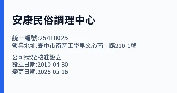 安康民俗調理中心的照片-統編 25418025(臺中市) 公司登記資料與營業項目詳細圖表