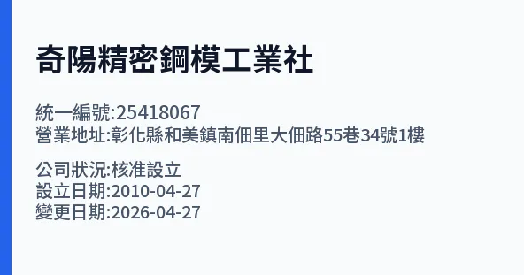 奇陽精密鋼模工業社的照片-統編 25418067(彰化縣) 公司登記資料與營業項目詳細圖表