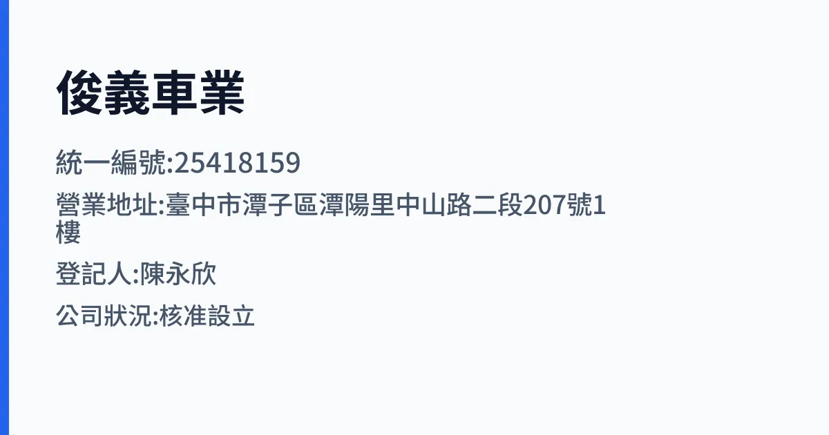 俊義車業 - 統編 25418159(臺中市) 公司登記資料與營業項目詳細圖表