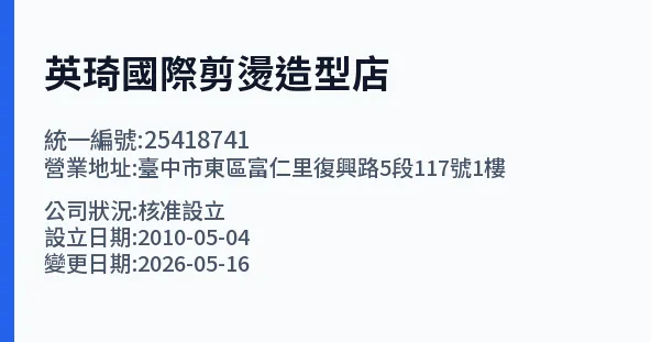 英琦國際剪燙造型店的照片-統編 25418741(臺中市) 公司登記資料與營業項目詳細圖表