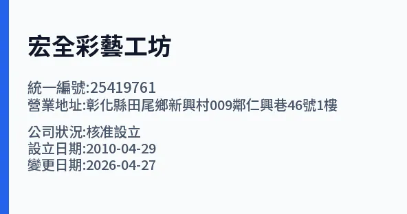 宏全彩藝工坊的照片-統編 25419761(彰化縣) 公司登記資料與營業項目詳細圖表