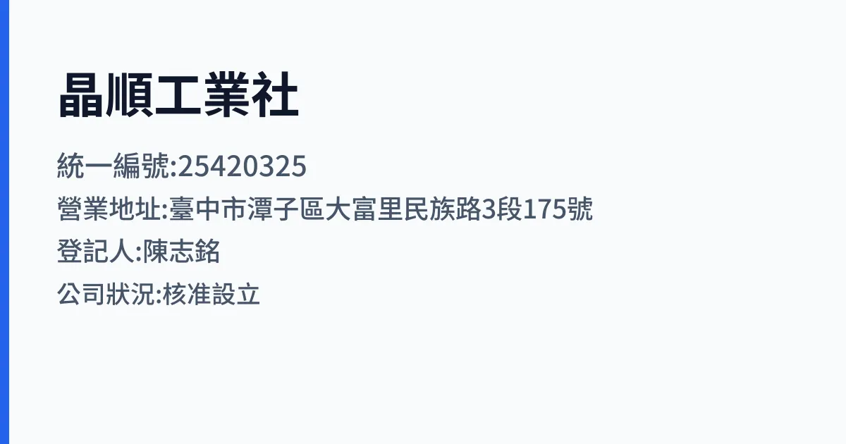 晶順工業社 - 統編 25420325(臺中市) 公司登記資料與營業項目詳細圖表