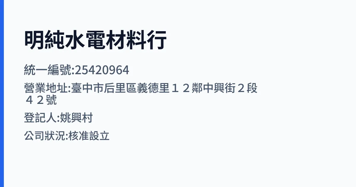 明純水電材料行 - 統編 25420964(臺中市) 公司登記資料與營業項目詳細圖表
