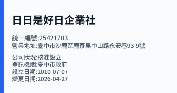 日日是好日企業社的照片-統編 25421703(臺中市) 公司登記資料與營業項目詳細圖表