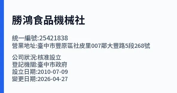 勝鴻食品機械社的照片-統編 25421838(臺中市) 公司登記資料與營業項目詳細圖表