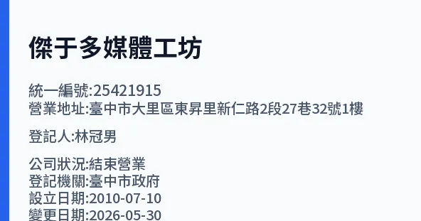傑于多媒體工坊的照片-統編 25421915(臺中市) 公司登記資料與營業項目詳細圖表
