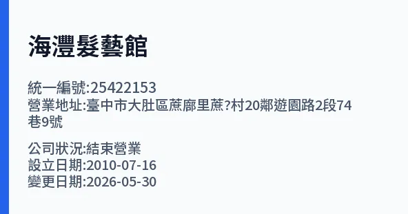 海灃髮藝館的照片-統編 25422153(臺中市) 公司登記資料與營業項目詳細圖表