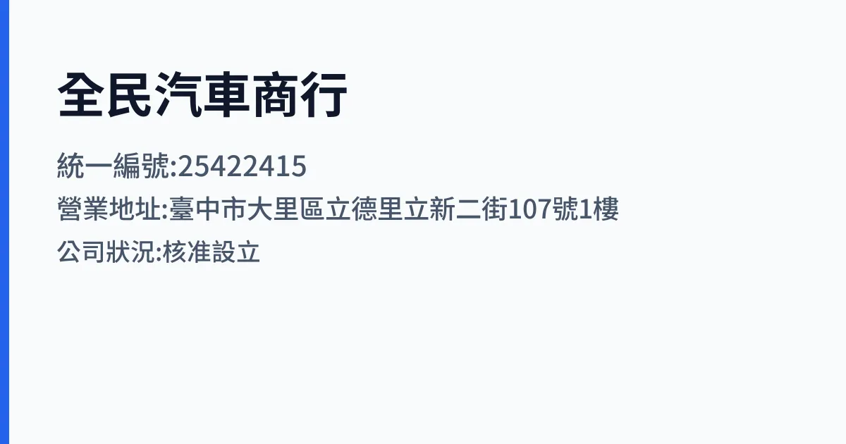 全民汽車商行 - 統編 25422415(臺中市) 公司登記資料與營業項目詳細圖表
